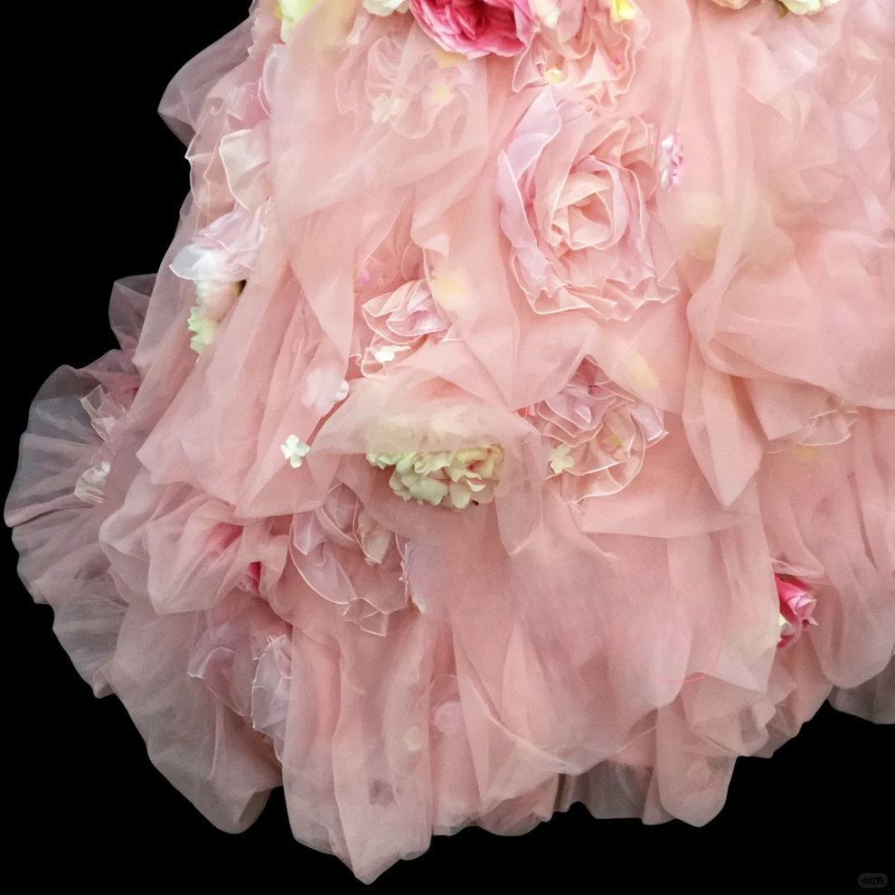 Romantic Pink Strapless 3D Floral Applique & Layered Tulle Sweet 16 Qu ...